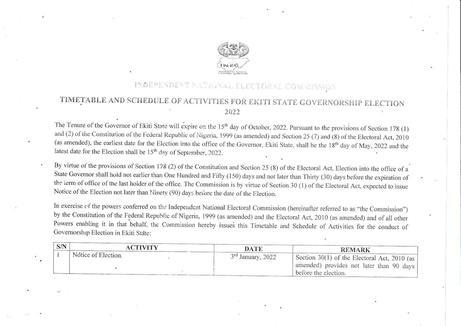 Timetable and Schedule of Activities for Ekiti State Governorship 2022 ...